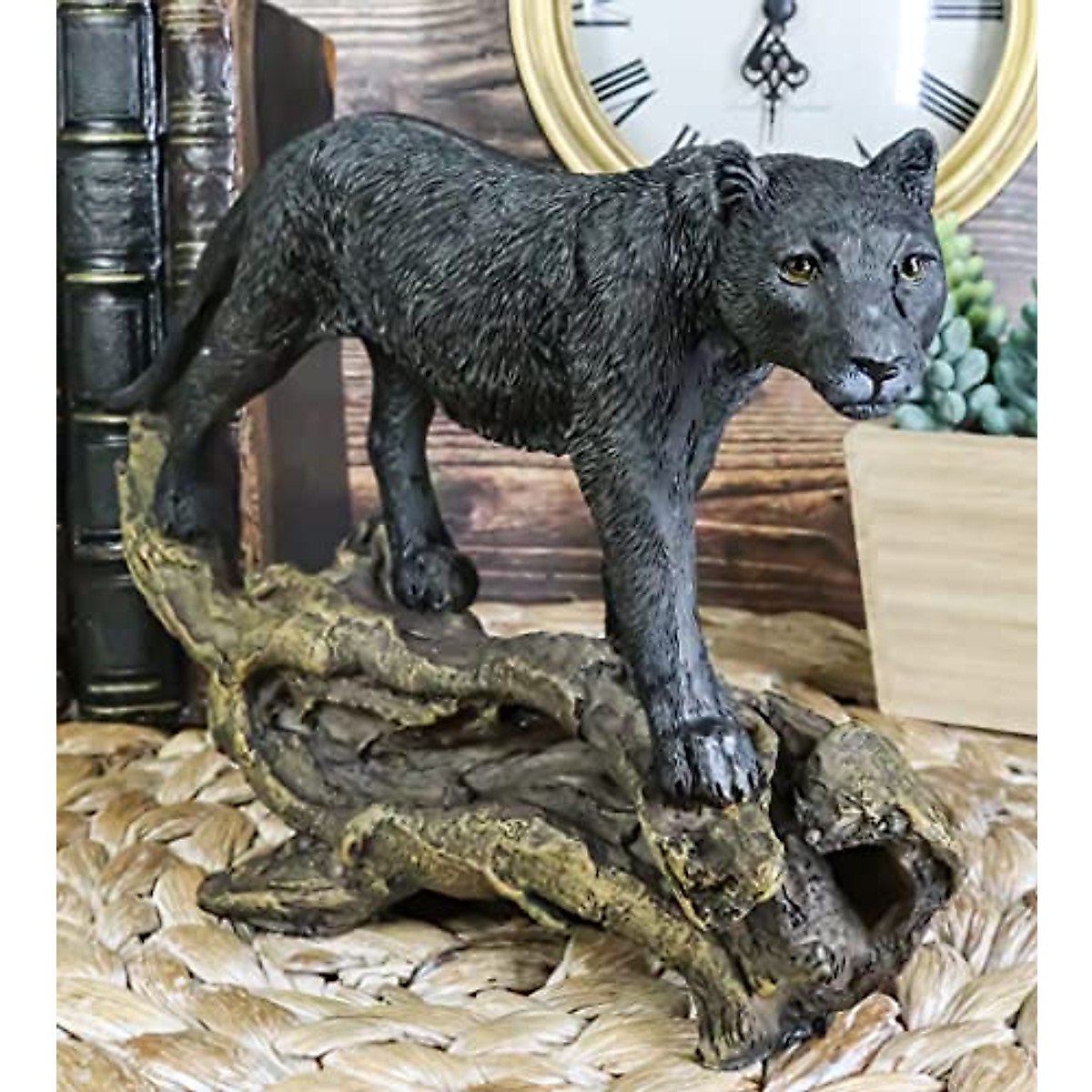 Ebros Gift Black Panther Cougar Prowling On Distressed Tree Log Figurine 8" Long Wildlife Black Jaguar Ghost Forest Hunter Sculpture Home Decorative Accent