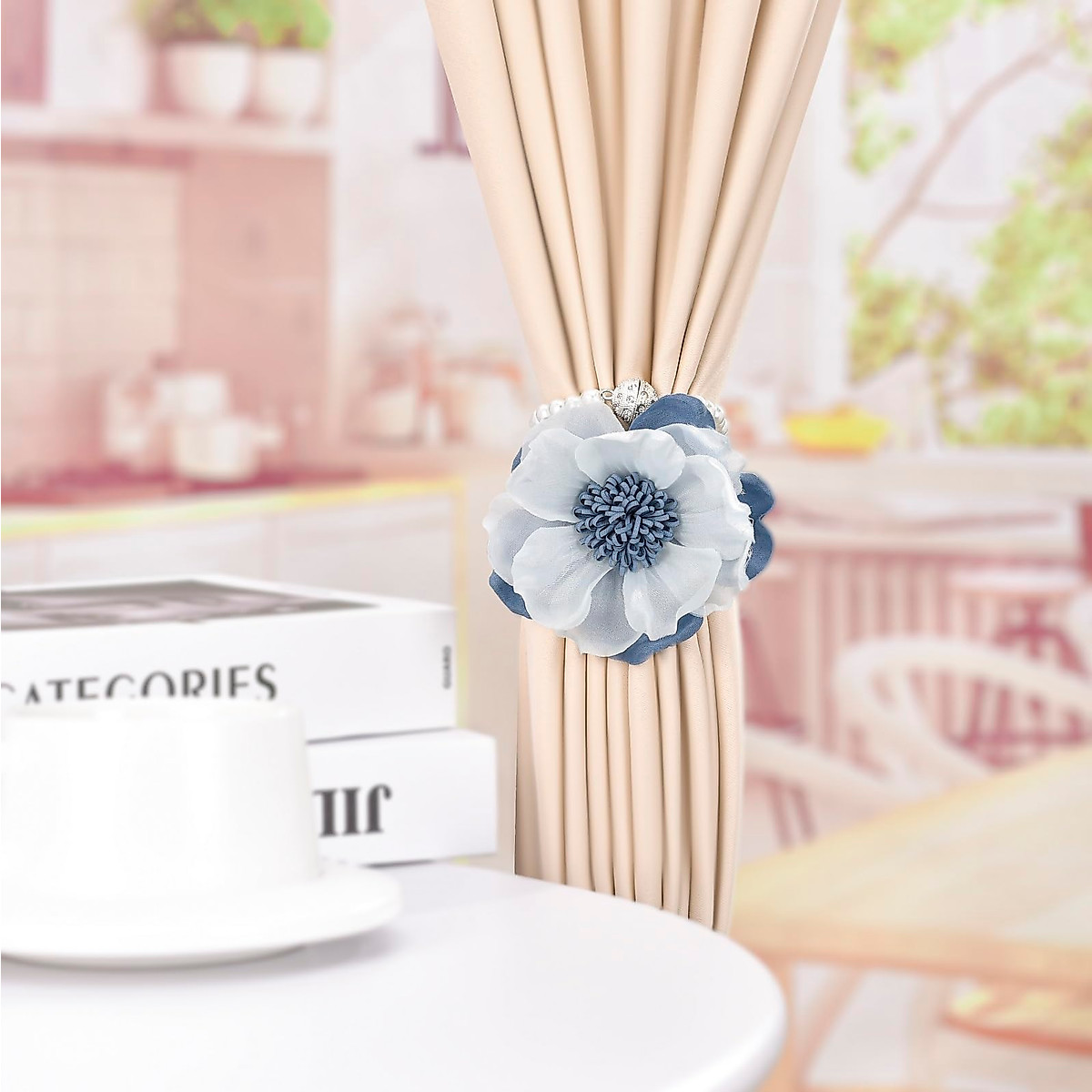 SUQ I OME 2 Pack of Pearl Magnetic Flower Curtain Tieback with Handmade Flower Decorative Drapery Holdbacks Rope Holder for Home, Office,Blue