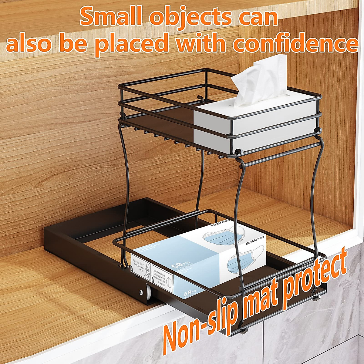 Pull Out Snack Cupboard Organizers with Two Tier Sliding Small Spice Rack for Inside Cabinet,Under Kitchen Bathroom Sink Drawer Organization Baskets and Storage Fits Spices, Sauces, Cans (10"x8"x8")