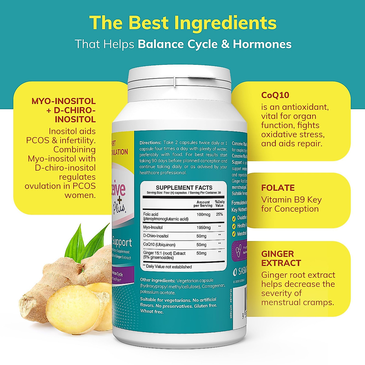 CONCEIVE PLUS Myo-Inositol & D-Chiro Inositol Supplement Blend Capsules | Folate, Ginger, CoQ10, Vitamin B8 | 30-Day Supply Healthy Ovarian Function for Women | 120 Inositol Caps