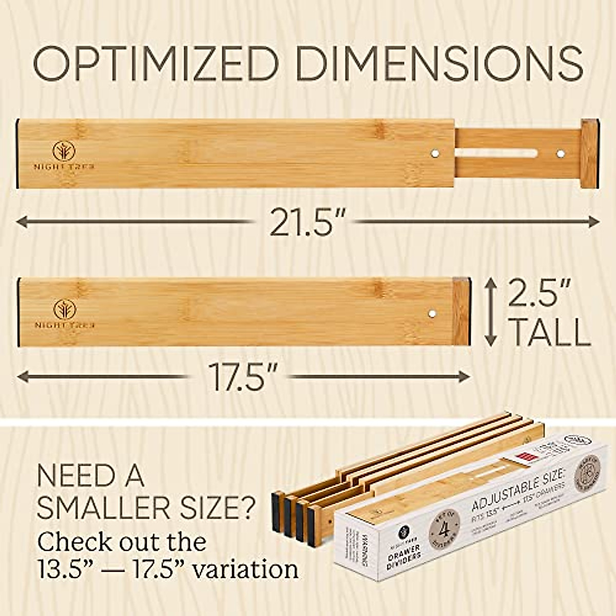 Bamboo drawer dividers expandable - wooden dividers separators Spring Loaded Drawer Organizer for Clothes, Kitchen Utensils, Bathroom and Dresser - Wood Dividers for Drawers - Keep Your Stuff Organized and Sorted [13.5" - 17.5"]