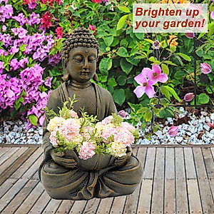 Goodeco 12" Meditating Buddha Statue Figurine w/Lotus - Zen Garden Statues for Indoor/Outdoor Decor- with Magical Glow in Dark Pebbles & Glass Stones, Ideal Gifts for Home (Brown)