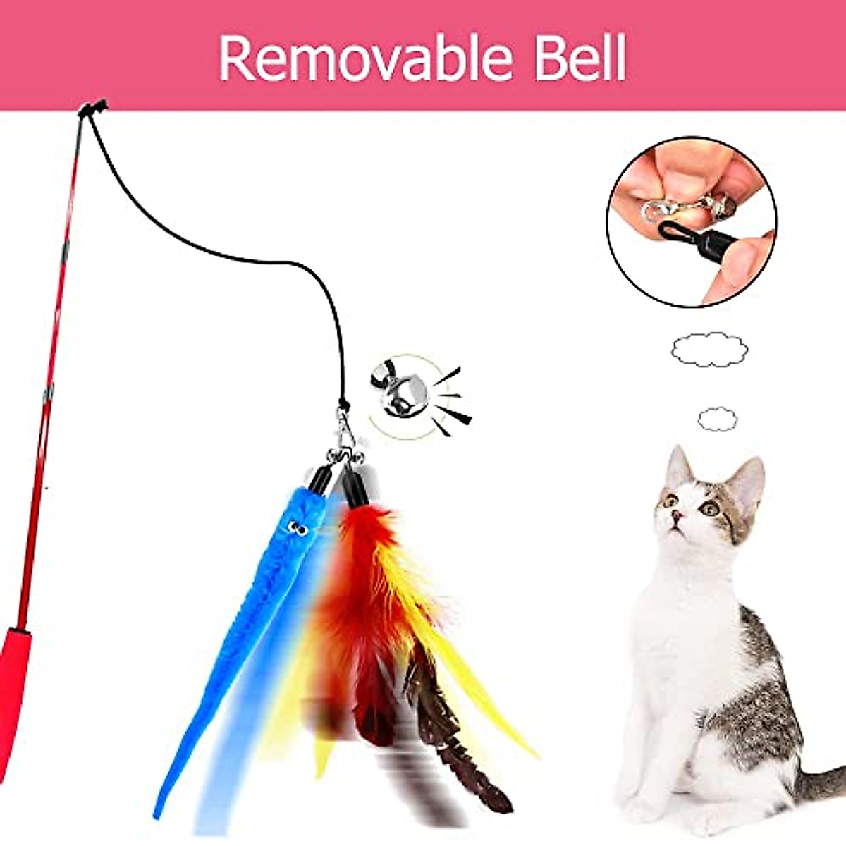 OODOSI Cat Toy Wand, Retractable Cat Feather Toys and Replacement Refills with Bells, Interactive Cat Toys for All Kind of Cat Kitten