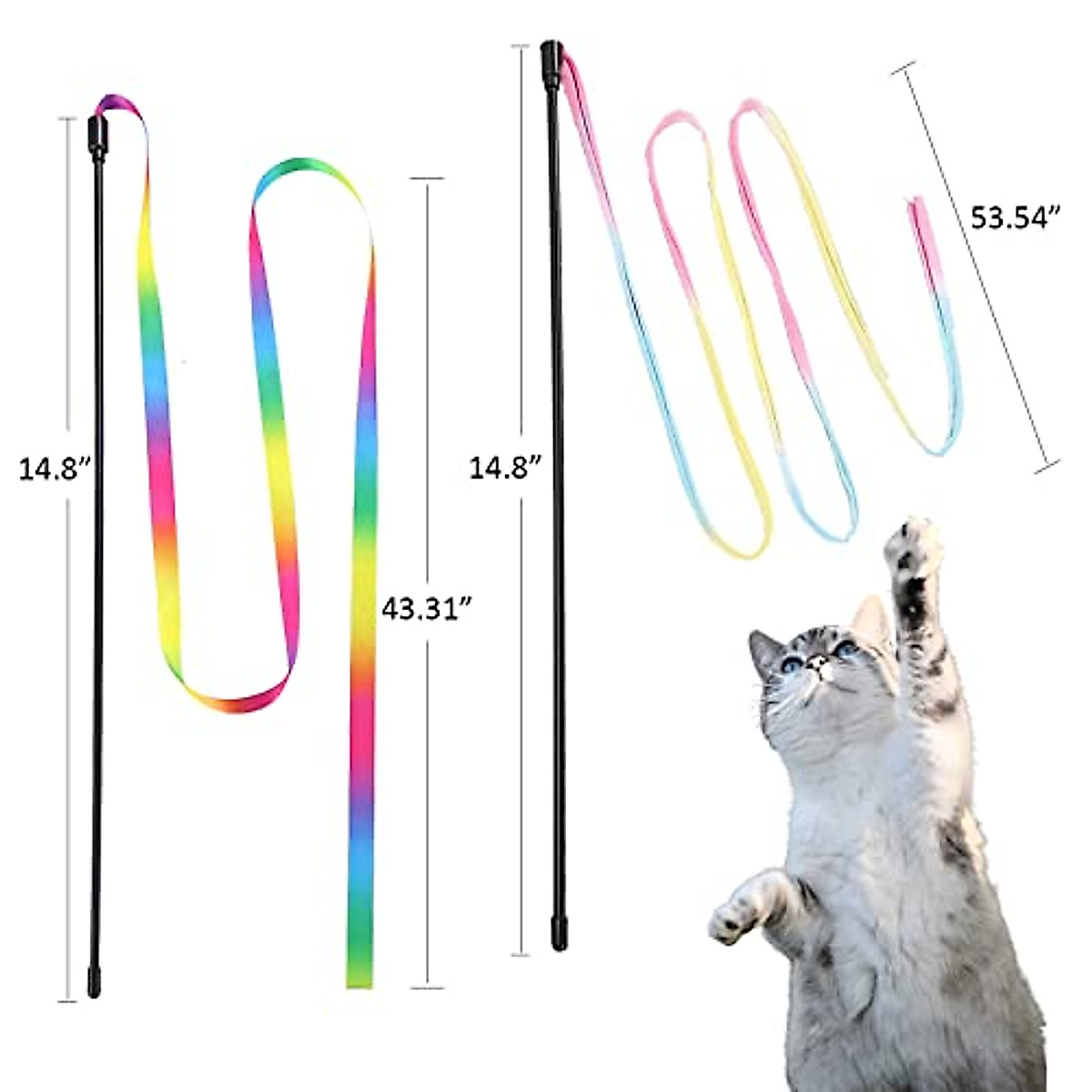 2 Pieces Interactive Cat Rainbow Wand Toys, Kitten Ribbon Toys, Colorful Cat String Teaser Wand - Pet Ribbon Dance Charmer for Cats Kittens Indoor Training Exerciser, Cats Toys for Strengthen Relation