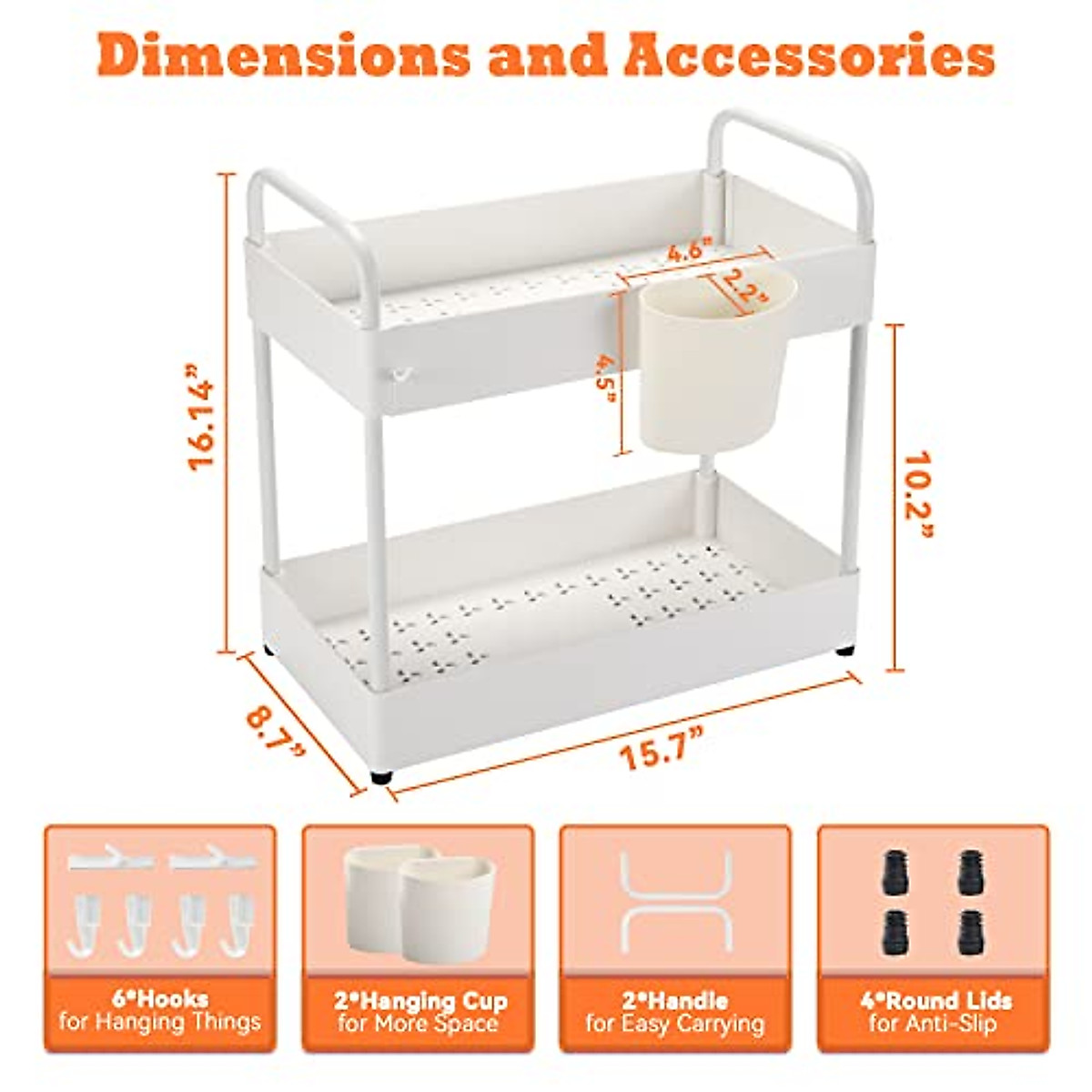 Kitchen Storage, Under Sink Organizer, NAYAHOSE 2 Tier Bathroom Storage Organizer Countertop with 4 Hanging Cups, 2 Handles, Under Cabinet Storage Tray Organize Holder, Makeups, Spices（white）