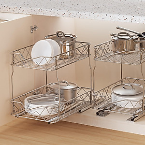 LANEJOY 2 Tier Pull Out Shelf(12 1/8" W x 16 3/8" D), Stainless Steel Slide Out Cabinet Organizer, Heavy Duty Under Sink Organization Storage for Kitchen Base Cabinet Organization