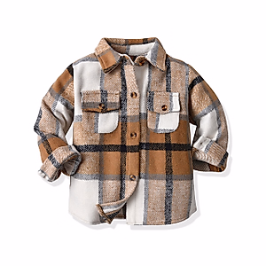 Hooever Girl's Boy's Brushed Plaid Shirts Pockets Button Down Plaid Flannel Shacket (Khaki, 4T)