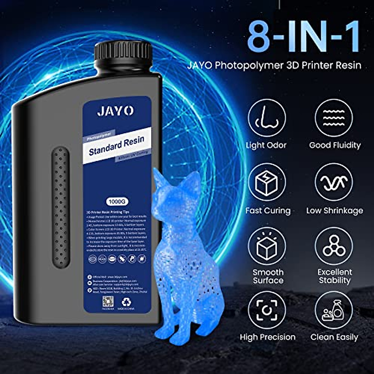 3D Printer Resin, JAYO 1KG 3D Resin for 4K 8K LCD/DLP/SLA 3D Printers, 405nm Standard Photopolymer Fast Curing Resin, High Precision, Low Shrinkage, Clear Blue 1000g