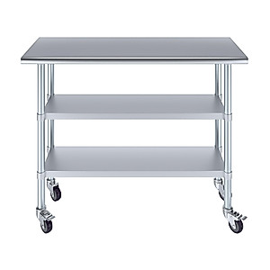 Stainless Steel Work Table with 2 Shelves with Casters | Metal Utility Table | Commercial & Residential NSF Utility Table (Stainless Steel Table with 2 Shelves, 48" Long x 18" Deep)