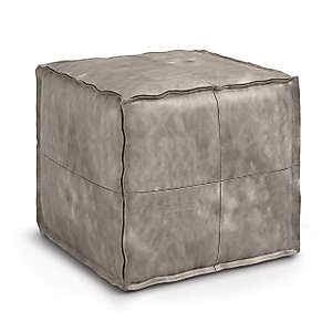 SIMPLIHOME Brody Square Pouf, Footstool, Upholstered in Distressed Grey Faux Leather, for the Living Room, Bedroom and Kids Room, Transitional, Boho