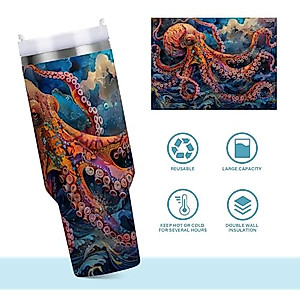 Blueangle 40 oz Red Octopus Tumbler with Handle and Straw Lid, Insulated Cup Reusable Stainless Steel Water Bottle Travel Mug