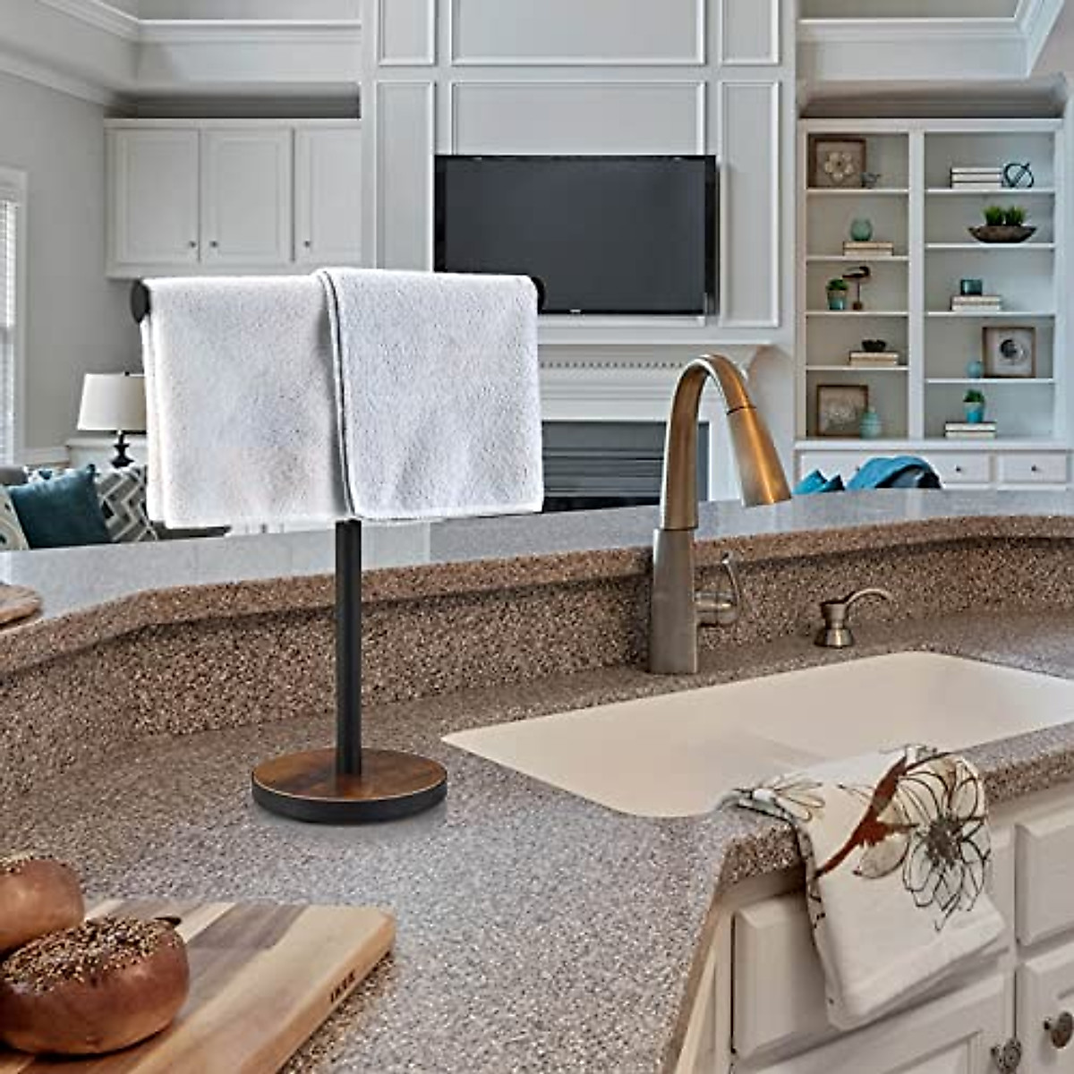 BCOZLUX Towel Holder Stand, Countertop Hand Towel Stand for Bathroom and Kitchen, Free Standing Counter Towel Rack with Weighted Wood Base, Rustic Black and Brown