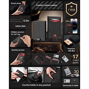 Wallet for Men with Stealth Pocket for Airtag: Leather Wallet with 3 in 1 Design, Removable ID Window, RFID Blocking, 17 Card Capacity, Slim, Carbon Fiber, Bill Divider, Front Wallet with Gift Box