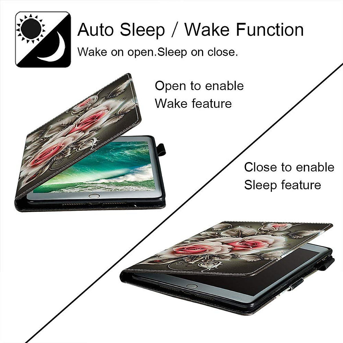 UUcovers Smart Cover for 8" Amazon Kindle Fire HD 8 Tablet 2018/2017/2016 Case 8th/7th/6th Generation with Pencil Holder, PU Leather Magnetic Folio Stand Card Wallet [Auto Wake/Sleep], Black Rose