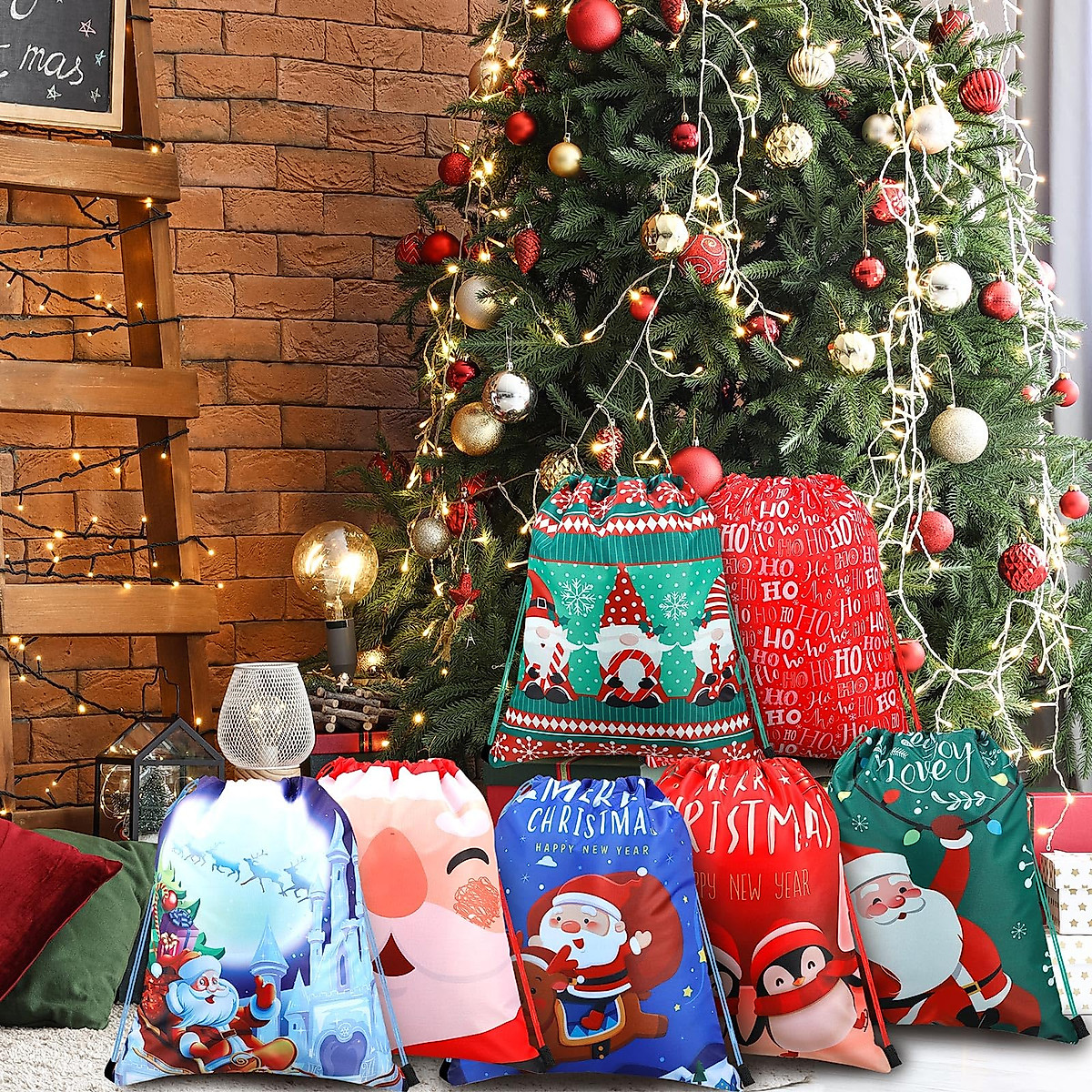 Buryeah 32 Pieces Christmas Drawstring Gift Bags 13.7 x 11.8'' Santa Treat Bag Assorted Styles Wrapping Bag Reusable Xmas Snowman Tree Christmas Bags Bulk for Kids Holiday Party Favor Supplies Gifts