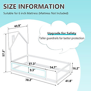 Dolonm Twin Size Montessori Toddler Floor Bed Frame, Modern House-Shaped Frame Headboard Bed with Fences, Pine Wood with Full-Length Guardrails, Bed for Girls Boys(Without Slats), White