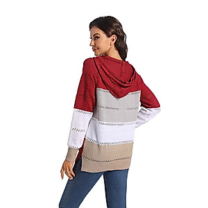 Vemodoo Women Hoodies Long Sweater Women's Color Block Knit Hoodies Sweaters V Neck Drawstring Lightweight Pullover Sweatshirts Red XX-Large