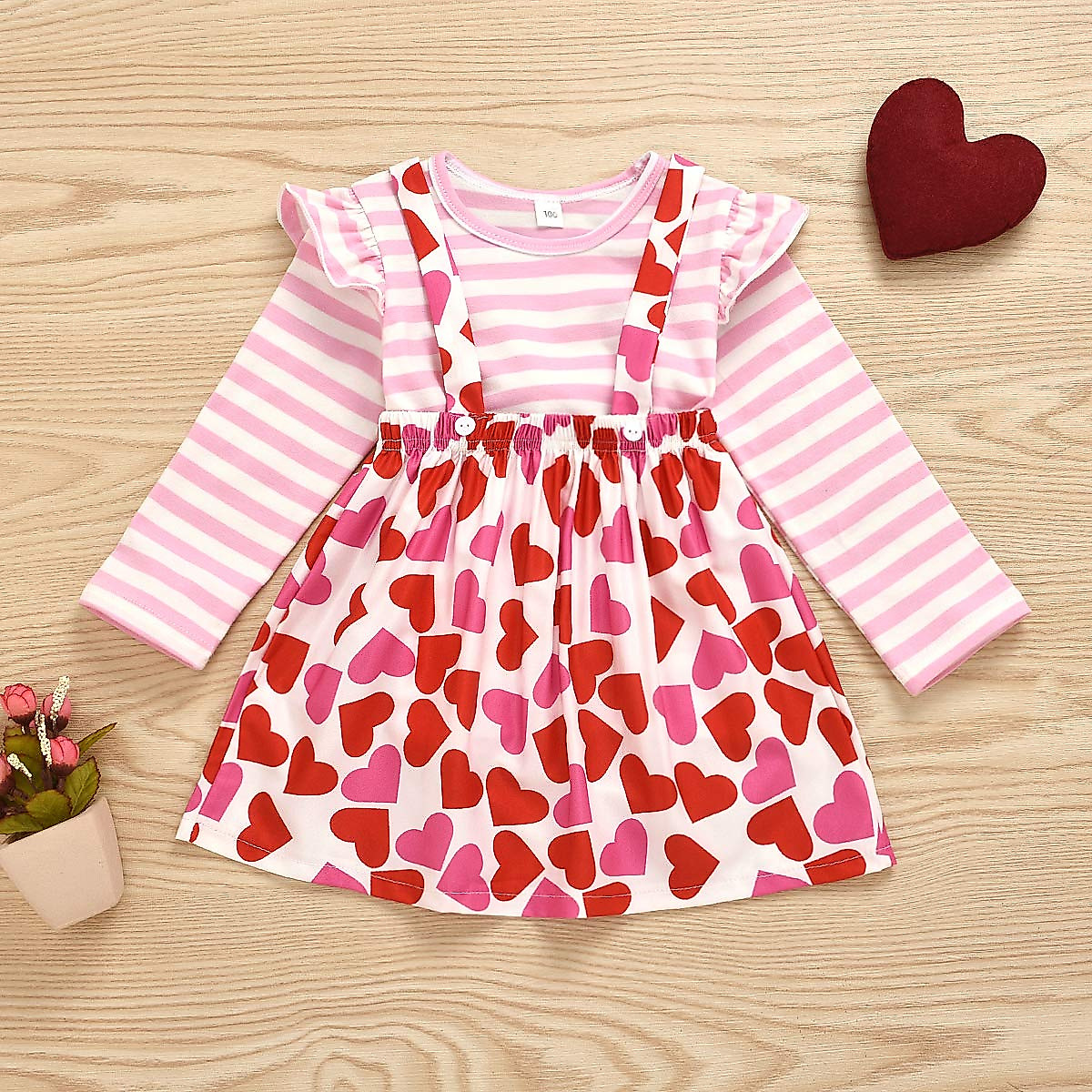 Myhrey Toddler Baby Girls Valentine's Day Outfits Ruffle Long Sleeve Stripe Shirt + Suspender Skirt Set (Pink, 12-18 Months) M04 M04a