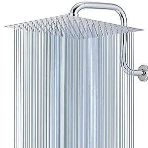 Voolan Rain Shower Head with Goose Neck Curve Arm, All Metal Waterfall Rainfall Showerhead, High Flow Bathroom Square Large Shower Head (12’’ Shower Head with 13’’ Shower Arm, Chrome)