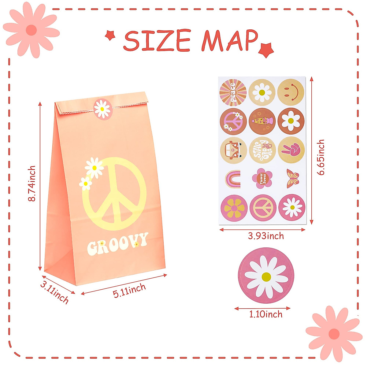 A1diee 24Pcs Groovy Retro Hippie Boho Party Favors Bags with Stickers Star Groovy Snacks Candy Party Favors Supplies Paper Bags Rainbow Pink Orange Gift Bags for Girls Birthday Baby Shower Wedding