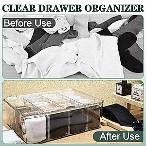 Hiitytin 2Pcs Socks Bra Underwear Drawer Organizer for Closet, Plastic Storage Box with 16 Removable Compartments and Lid, Clear Dresser Drawer Organizer Storage Container with Dividers for Ties Belts