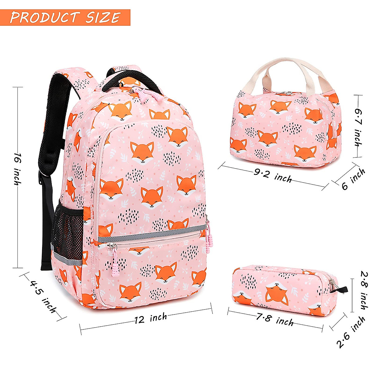 Girls Backpacks, Fox Backpack for Girls, Kids Fox School Bookbag Set with Lunch Box and Pencil Case
