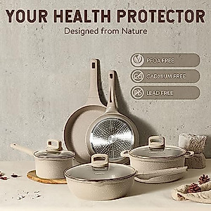 CAROTE Pots and Pans Set Nonstick, 8 Pcs Induction Cookware Set, Stackable Kitchen Cookware, Pans for Cooking, Taupe Granite