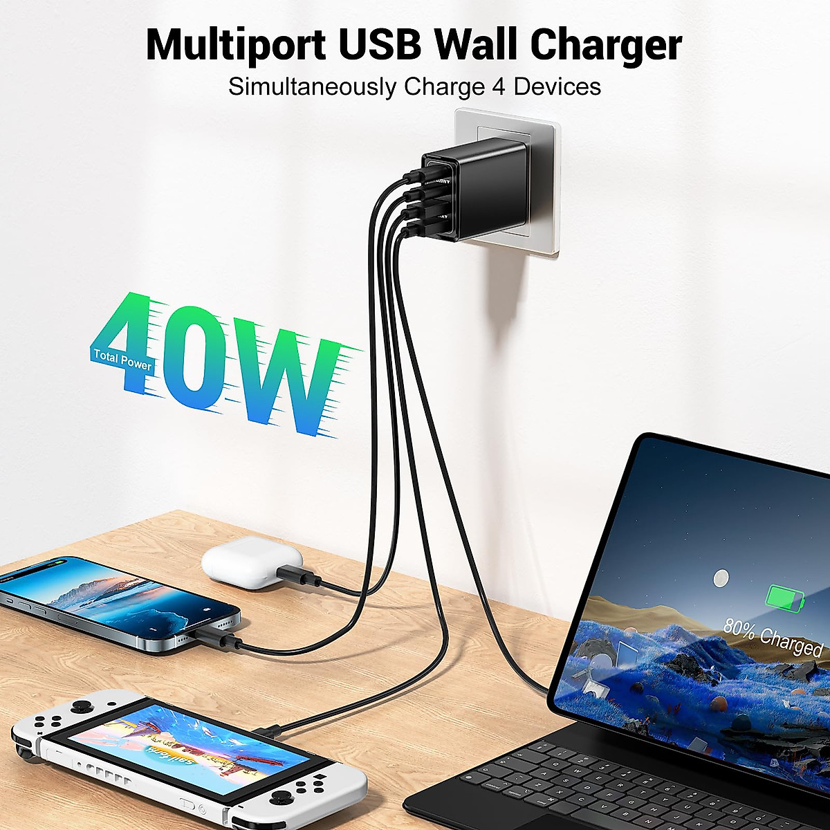 2 Pack USB C Charger Block 40W 4Port Fast Charging Brick Dual USB C Wall Charger Plug Phone Charger Cube Compatible with iPhone Pro 15 14 13 12 11 Pro Max, iPad, Samsung Galaxy, Google,Tablet