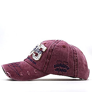 Washed Baseball Cap for Men Women Adjustable Distressed Denim Hat Dad Hat Trucker Hat (Red Wine), 6 3/4-7 1/2