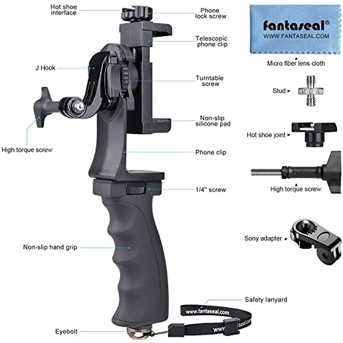 2in1 Ergonomic Portable Action Camera+Smartphone SYN Hand Grip Stabilizer Combo Mount Video Vlogging Rig Holder Kit for GoPro iPhone Interview Travel YouTube Tiktok Streaming-Mic+Light Adapter