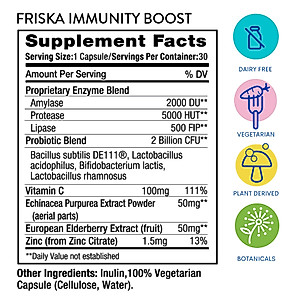 Friska Immunity Boost | Probiotic and Digestive Enzyme Supplement with Elderberry, Vitamin C and Echinacea | Natural Immune Support | 30 Capsules