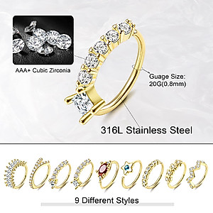 Drperfect 9Pcs 20G Nose Ring Hoop Stainless Steel Paved CZ Cartilage Earrings Hoop Nose Piercing Jewelry for Women Men Silver Gold Rose Gold Black Nose Ring Hoop