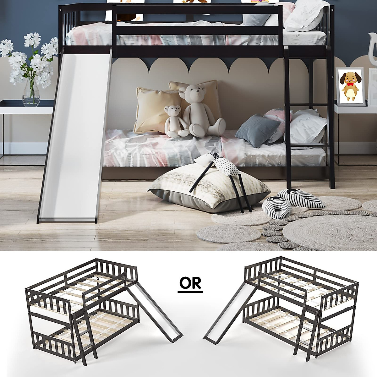 KOTEK Twin Over Twin Bunk Bed with Slide, Solid Wood Floor Bunk Bed Frame with Guardrails & Ladder, No Box Spring Needed, Kids Bedroom Furniture for Boys & Girls, Teens (Espresso)