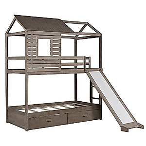 HYC Twin Over Twin Bunk Bed for Kids Toddlers, Wooden Bunk Bed with Slide and 2 Storage Drawers, House-Shaped Bunk Bed for Girls Boys,Gray