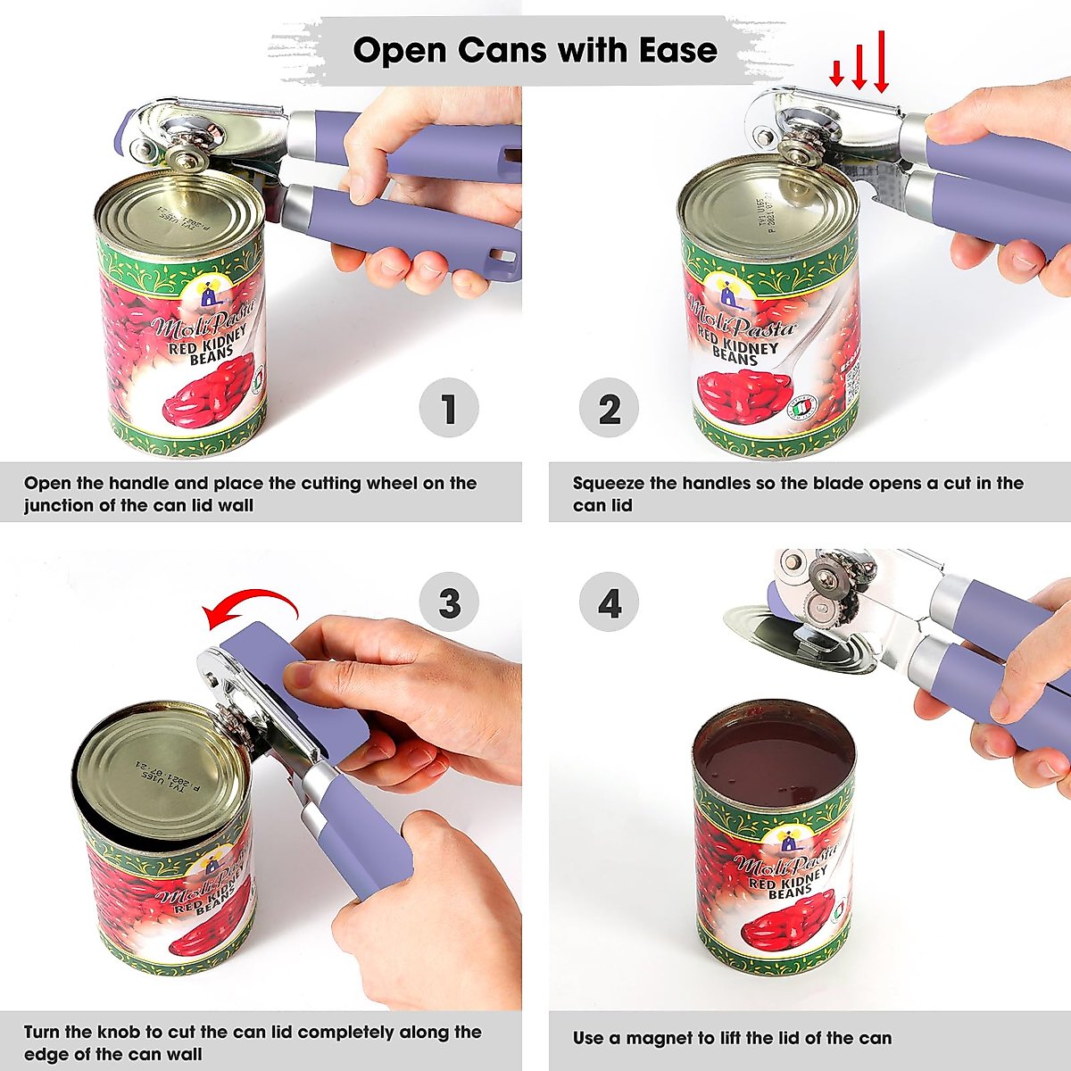 Can Opener Manual, Can Opener with Magnet, Hand Can Opener with Sharp Blade Smooth Edge, Handheld Can Openers with Big Effort-Saving Knob, Can Opener with Multifunctional Bottles Opener, Purple