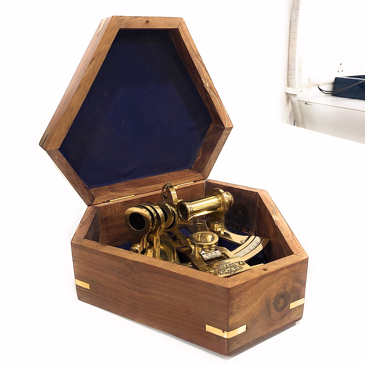 Maritime Kelvin & Hughes London Antique Brass Nautical Ship Sextant (with Triangular Wooden Box)