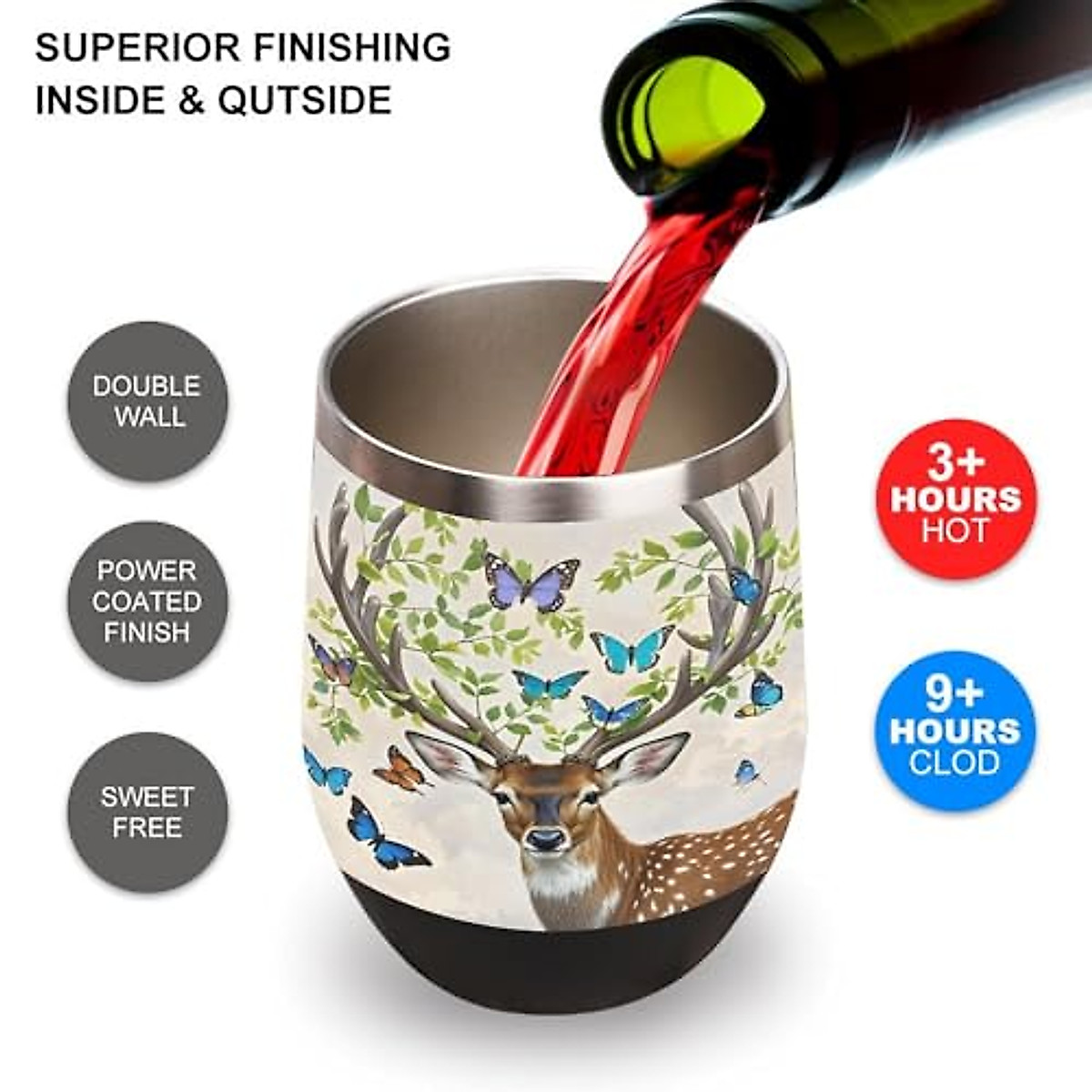 OPTKSNCU 304 Stainless Steel Insulated Cup with Lid, Antlered Butterfly Print Durable, And Easy to Clean – Ideal for Home, Office, And Gift Giving