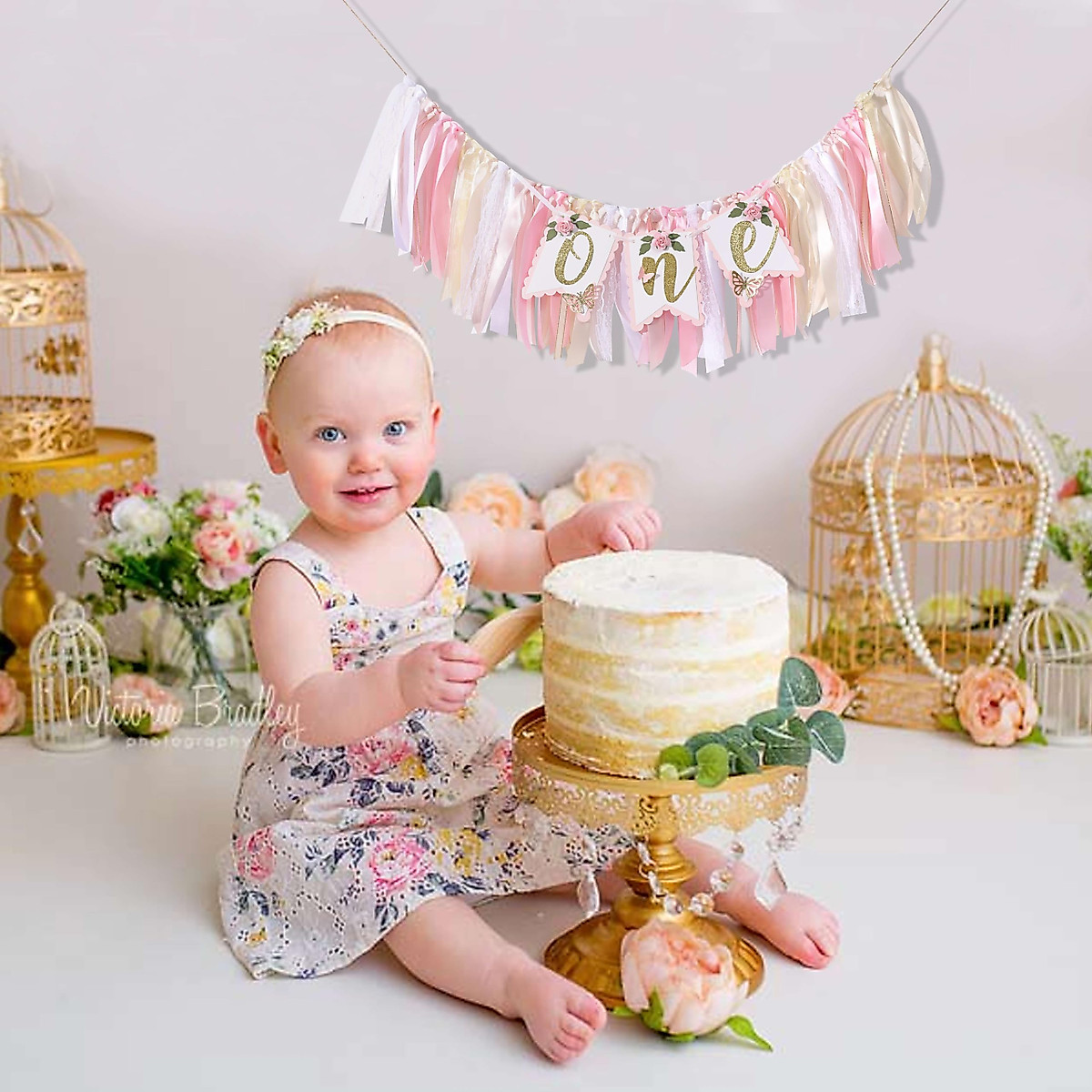 Pink and Gold High Chair Banner- Floral and Butterfly One Highchair Banner, 1st Birthday Party Decoration for Girls, Pink 1st Birthday Decor