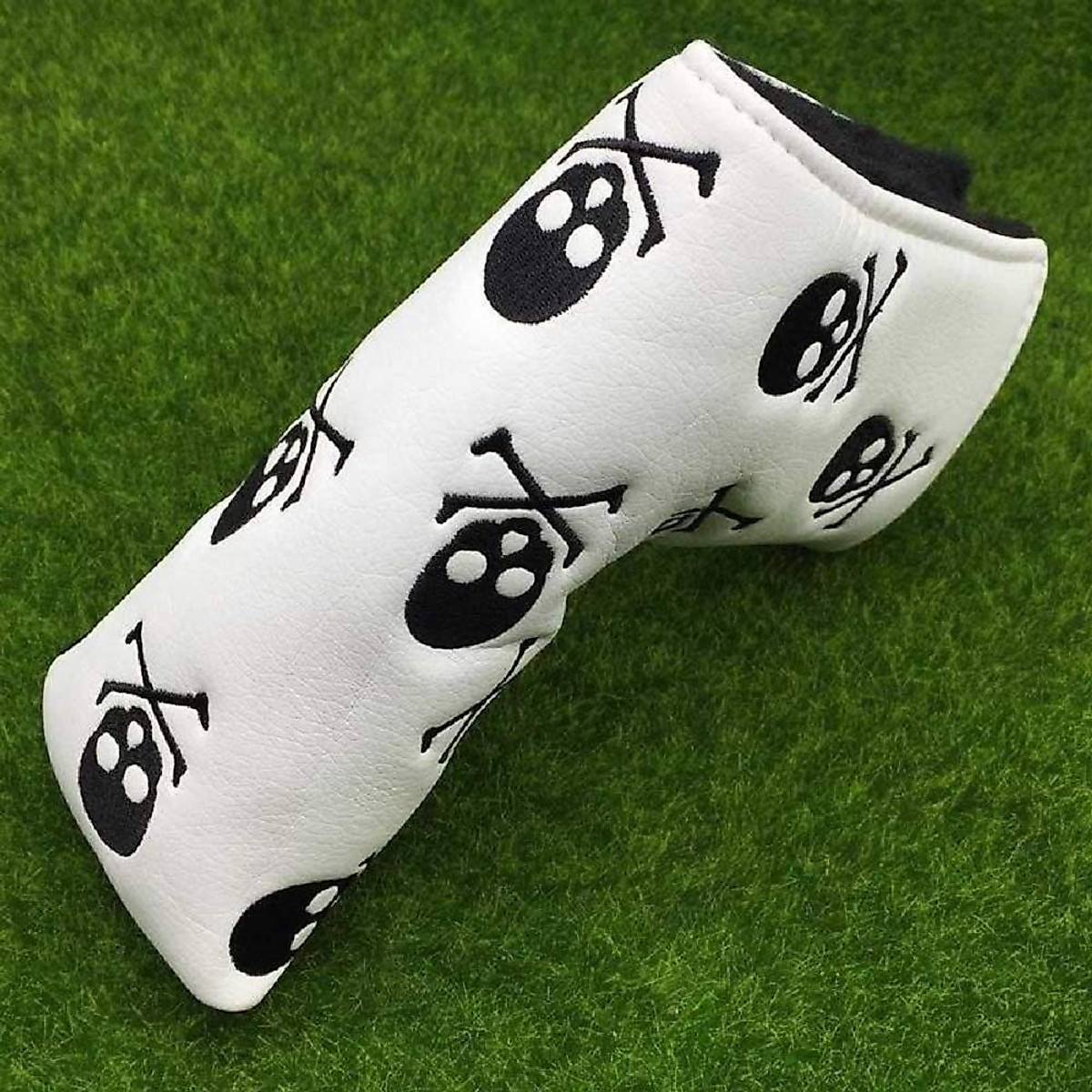 DNYAN Golf PU Leather Blade Putter Cover Skull Bones Headcover with Veclro Fastening for putters All Brands Taylormade Scotty Cameron Titleist Callaway Ping,White