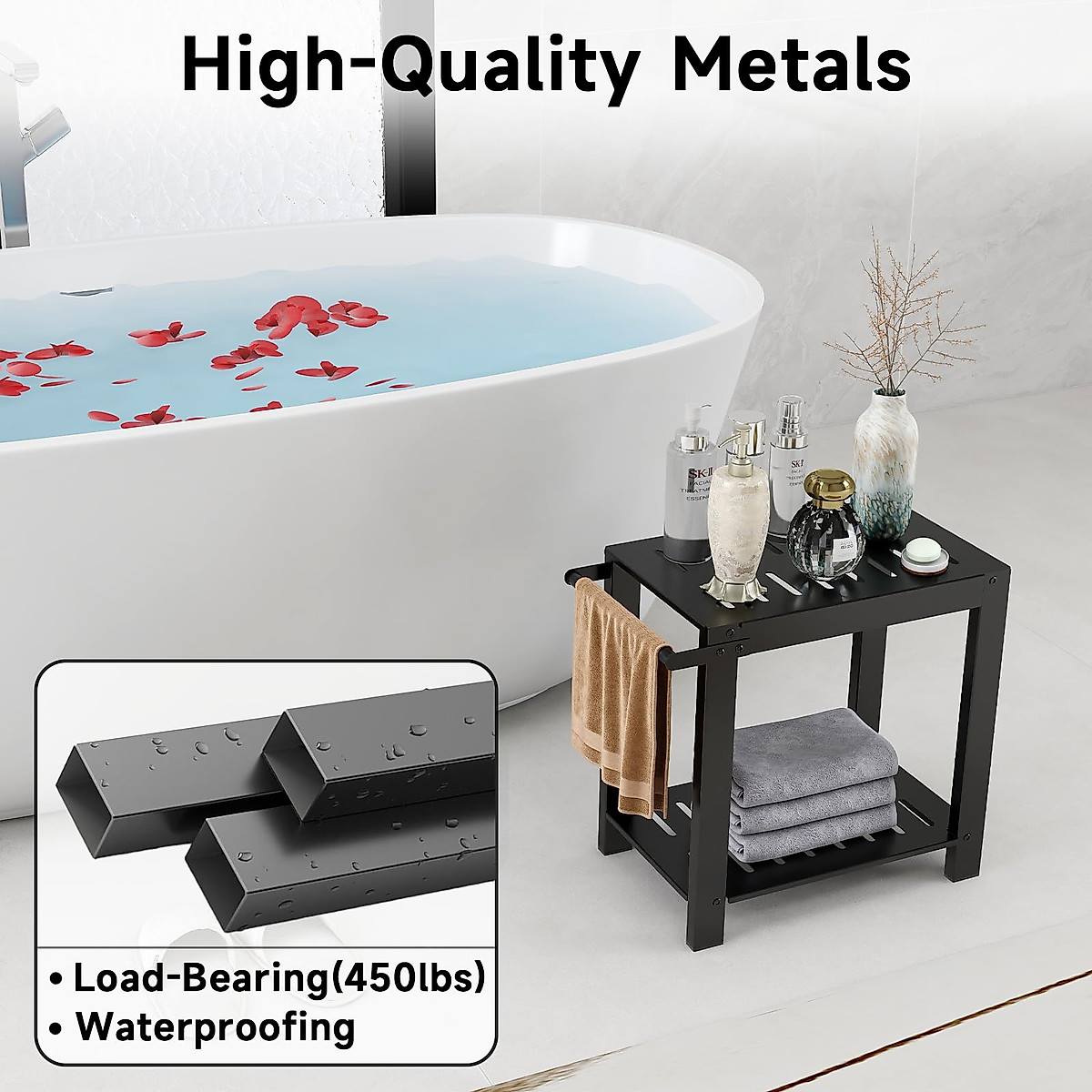 XEENEW Metals Shower Benches with Storage Shelf, 15in Shower Stool for Inside Shower Waterproof, Shower Foot Rest for Shaving Legs, Matte Black Shower Chair