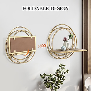 Oakrain Small Floating Shelves Set of 2, Wall Mounted Hanging Shelf with Gold Metal and Wood, Round Wall Shelves for Storage, Living Room Decor, Bathroom, Kitchen, Bedroom, Office