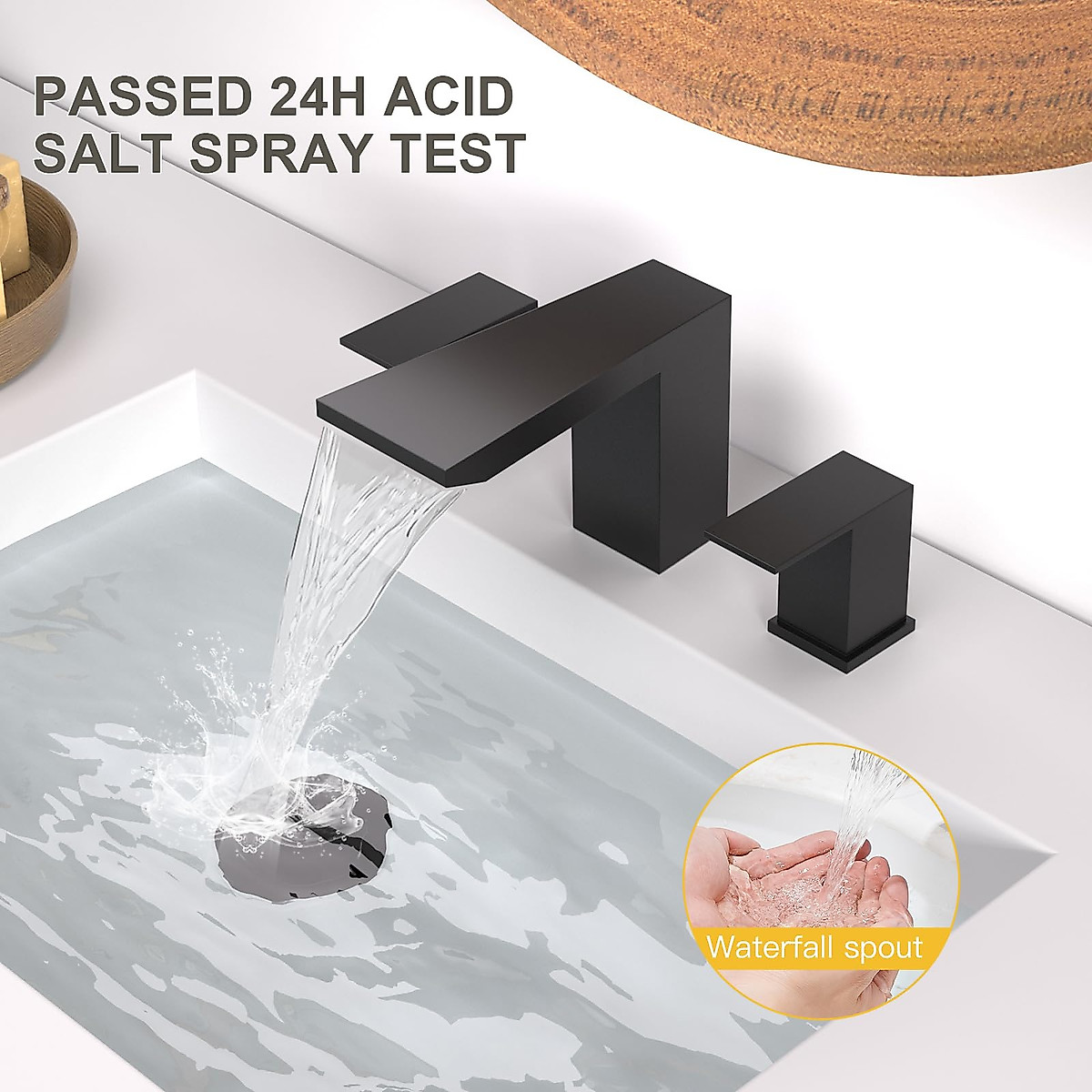 BESy Matte Black Bathroom Faucet 3 Holes Two Handles Vanity Widespread 8 Inch Bathroom Sink Faucet, Waterfall Bathroom Sink Faucet with cUPC Supply Hoses, Pop Up Drain, Stainless Steel