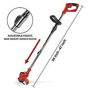 HUDAEN Cordless Grass Trimmer Weed Wacker, 3-in-1 String Trimmer Lawn Edger with 21V 2Ah Li-ion Battery for Garden and Yard with Wheel, Lightweight Adjustable Height Weed Eater Tool (Red)