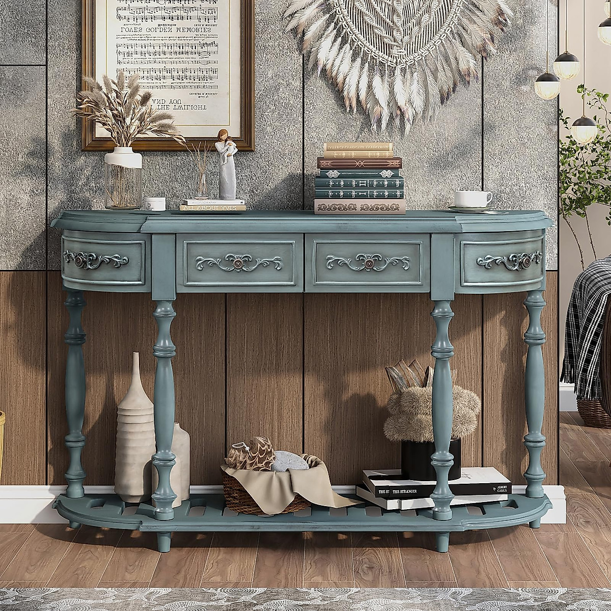 52" Farmhouse Console Tables for Entryway,Curved Sofa Table Display Cabinet w/4 Drawers & 1 Bottom Shelf,Cupboard Accent Table Credenza Decor Furniture for Living Room Hallway Kitchen,Antique Blue
