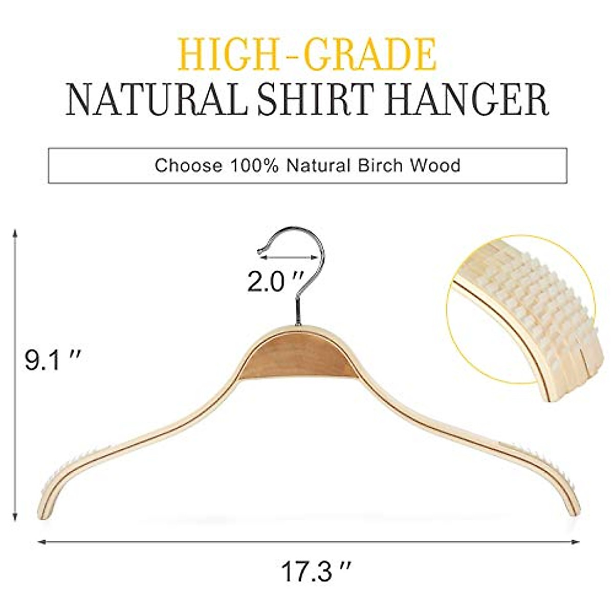 TOPIA HANGER Slim Natural Wood Hangers with Extra Soft Non-Slip Rubber Grips, 18-Pack High-Grade Fashion Hanger No Shoulder Bump for Sweater, Camisole, Jacket, Dress, Coat -CT16N