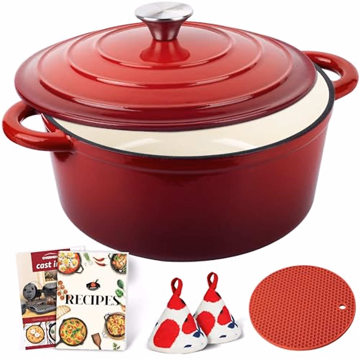 Overmont 5.5QT Enameled Cast Iron Dutch Oven with Lid Cookbook & Cotton Heat-resistant Cap, Heavy-Duty Casserole with Dual handles for Braising, Stews, Roasting, Bread Baking