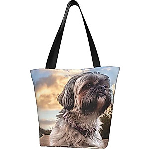 Cute Shih Tzu Dog Sunset Women's Shoulder Handbag Grocery Tote Bag Storage Handle Bag