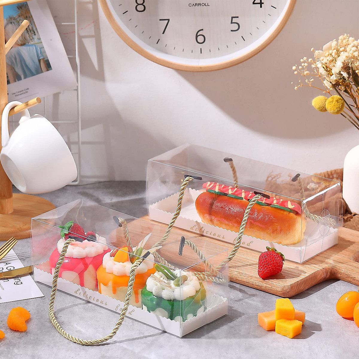 Irenare 30 Pcs Clear Cake Box with Handles Bakery Clear Pastry Cookies Candy Box Rectangular Plastic Cake Roll Container Portable Treat Dessert Gift Boxes for Cupcake, 8.86 x 3.07 x 3.07 Inch (Gold)