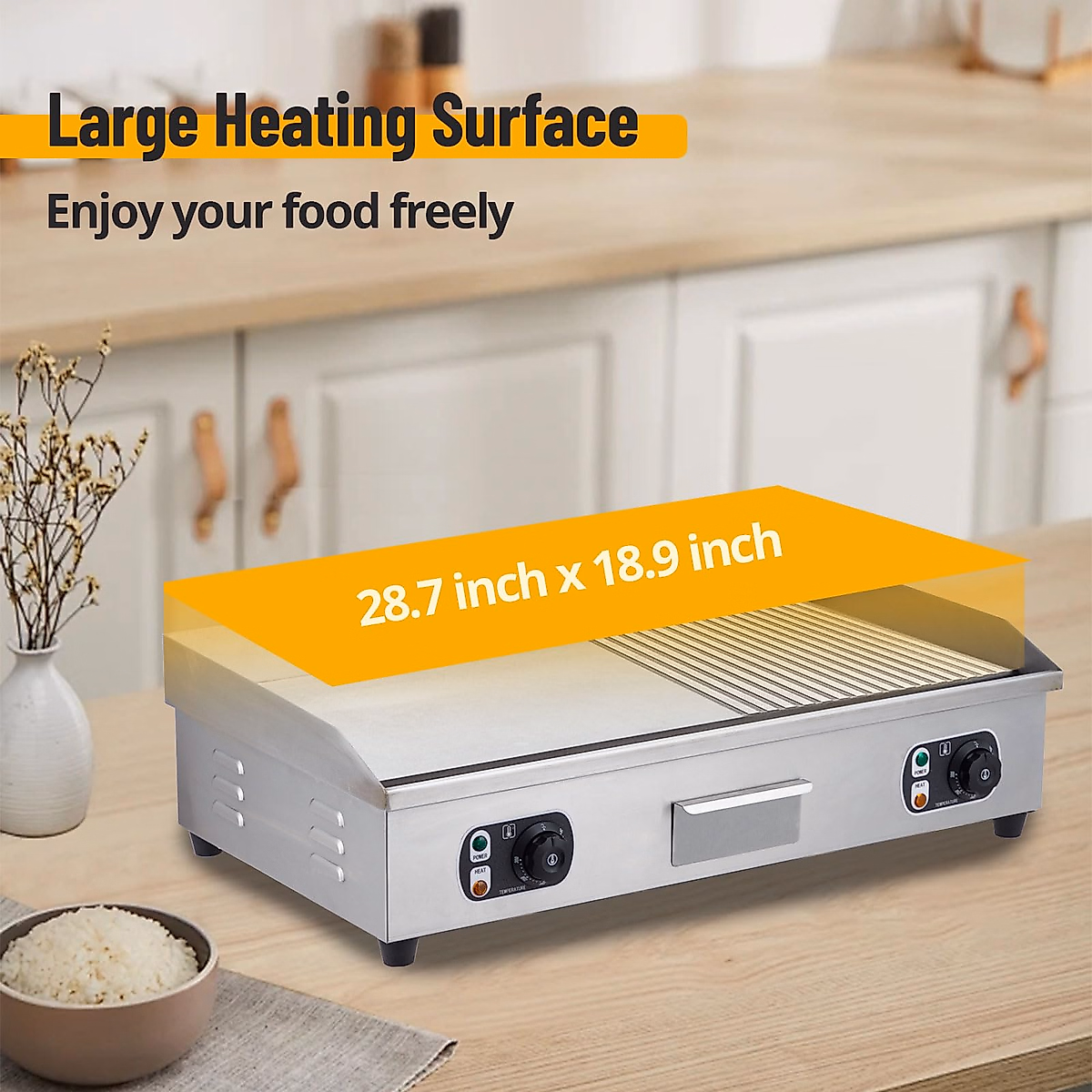 GARVEE 29" Commercial Electric Griddle, 110V, 3000W Resterant Countertop Griddle, Stainless Steel Half Grooved/Flat Top Grill with Adjustable Temperature Control 122°F-572°F(NO PLUG)