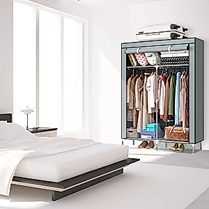 TIE-DailyNec Closet Portable Wardrobe Clothes Storage Organizer with Hanging Rails, Non-Woven Fabric Wardrobe Freestanding Storage Shelves, Durable & Easy Assembly Closet (Silver Gray)